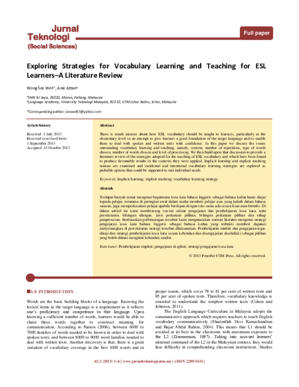 (PDF) Exploring Strategies for Vocabulary Learning and Teaching for ESL ...