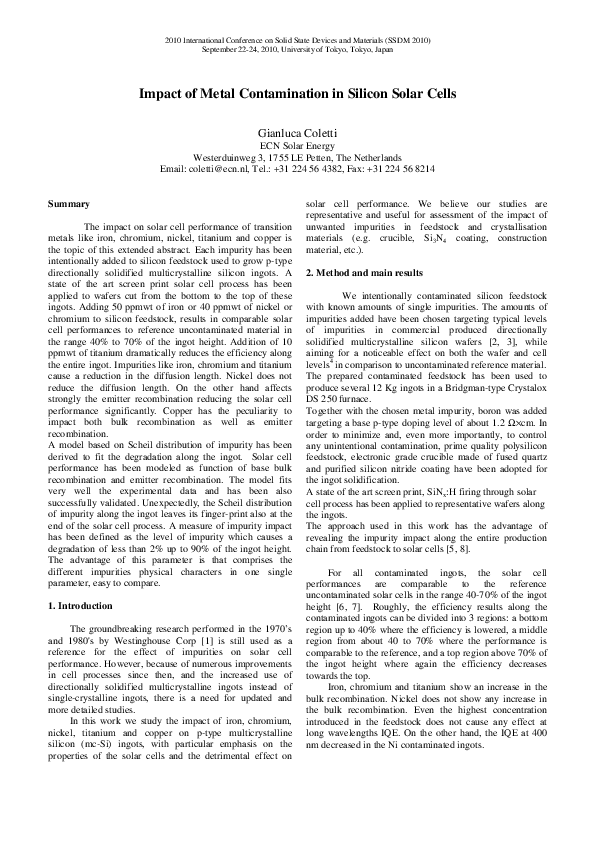 (PDF) Impact of Metal Contamination in Silicon Solar Cells