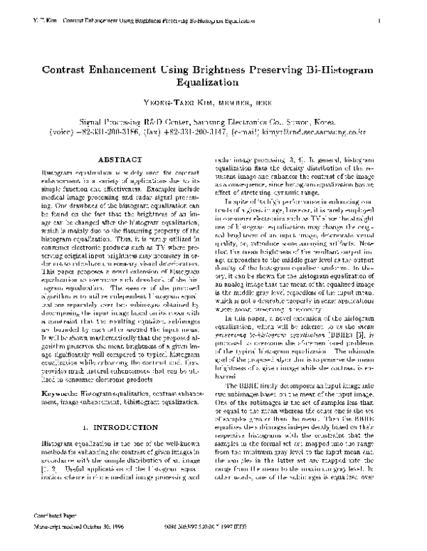 Pdf Contrast Enhancement Using Brightness Preserving Bi Histogram Equalization
