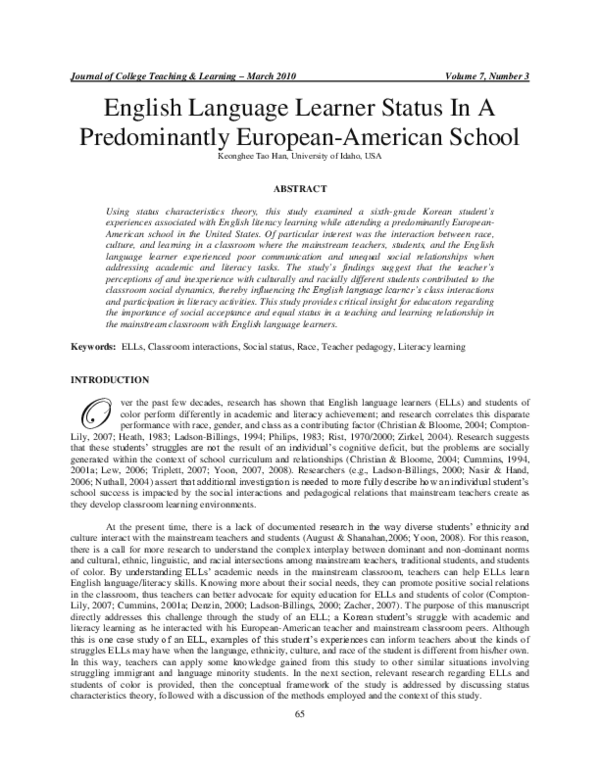 (PDF) English Language Learner Status In A Predominantly European ...