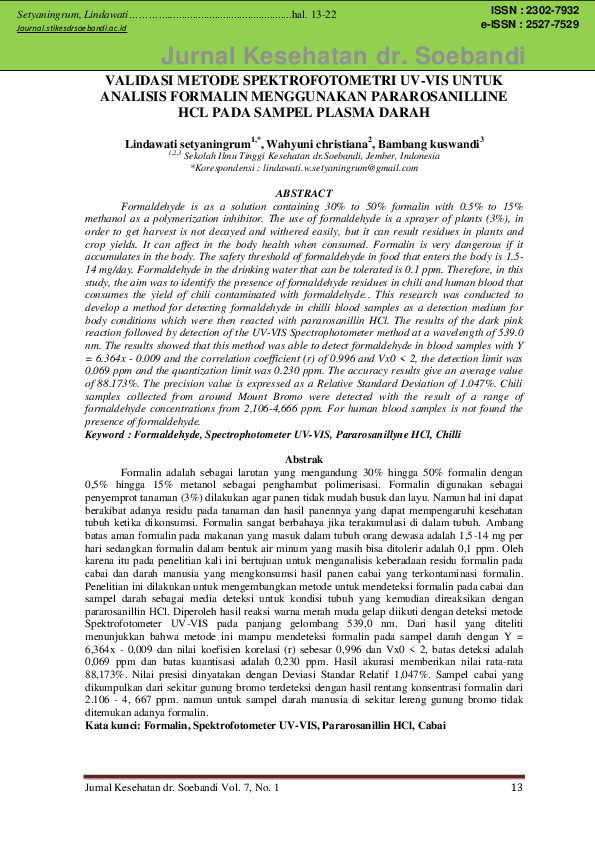 (PDF) Validasi Metode Spektrofotometri UV-VIS Untuk Analisis Formalin ...