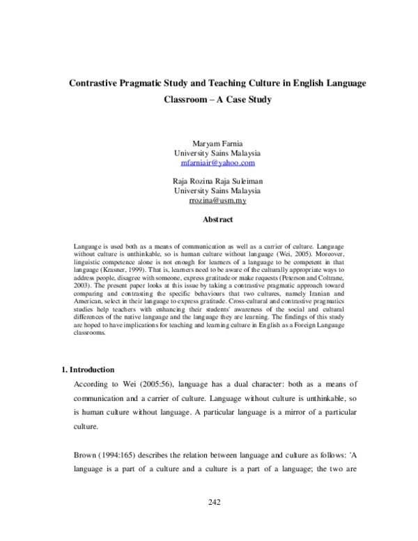 (PDF) Contrastive pragmatic study and teaching culture in English ...