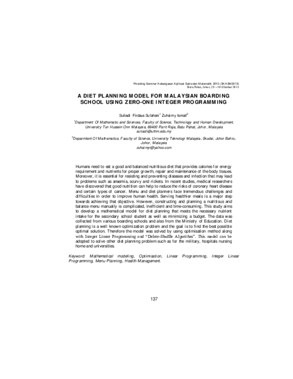 (PDF) A Diet Planning Model for Malaysian Boarding School Using Zero-One Integer Programming