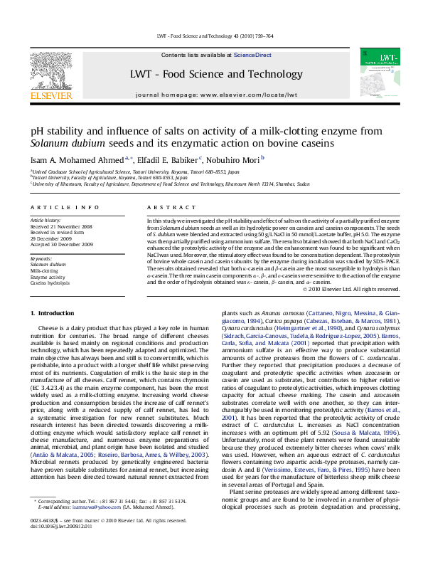 (PDF) pH stability and influence of salts on activity of a milk ...