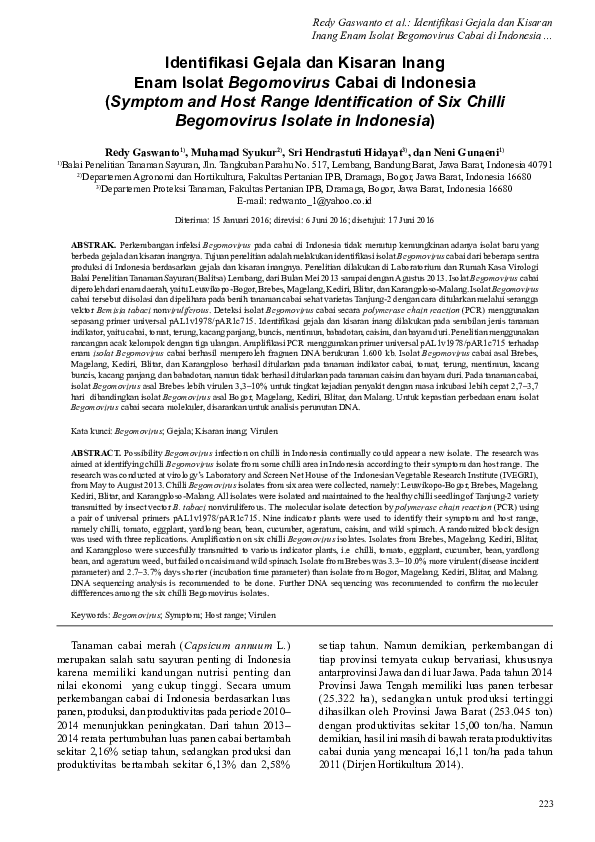 (PDF) Identifikasi Gejala dan Kisaran Inang Enam Isolat Begomovirus ...