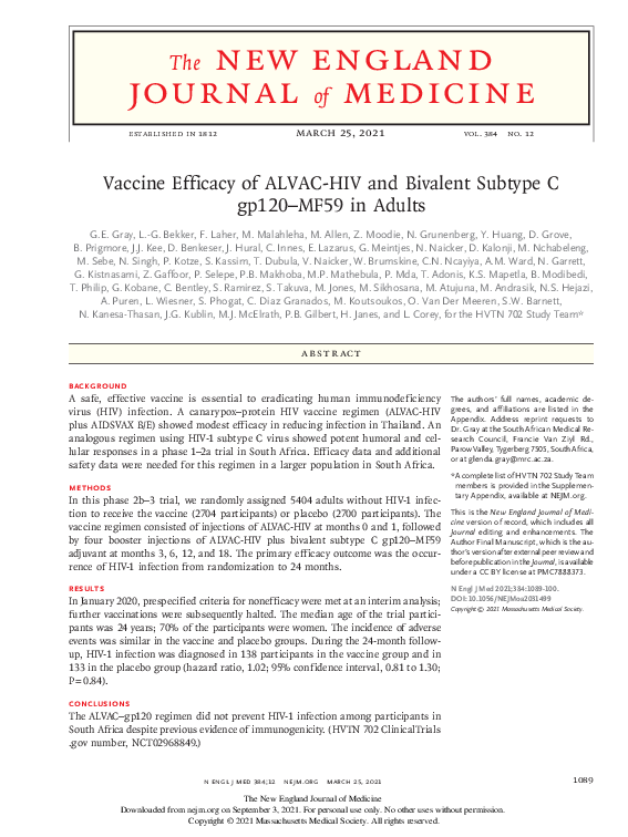 (PDF) Vaccine Efficacy of ALVAC-HIV and Bivalent Subtype C gp120–MF59 ...