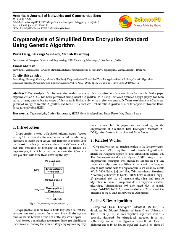 Pdf Cryptanalysis Of Simplified Data Encryption Standard Using Genetic Algorithm