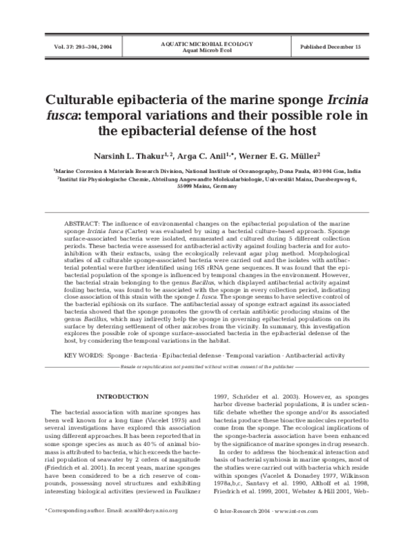 (PDF) Culturable epibacteria of the marine sponge Ircinia fusca: temporal variations and their ...