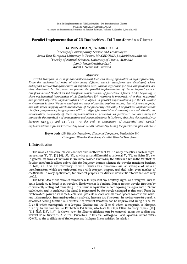(PDF) Parallel Implementation of 2D Daubechies - D4 Transform in a Cluster
