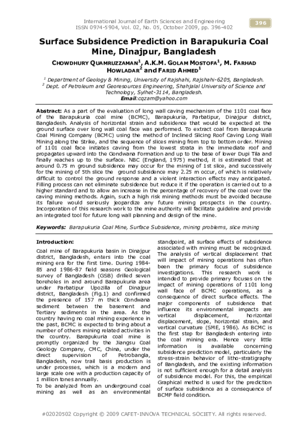 (PDF) Surface Subsidence Prediction in Barapukuria Coal Mine, Dinajpur, Bangladesh