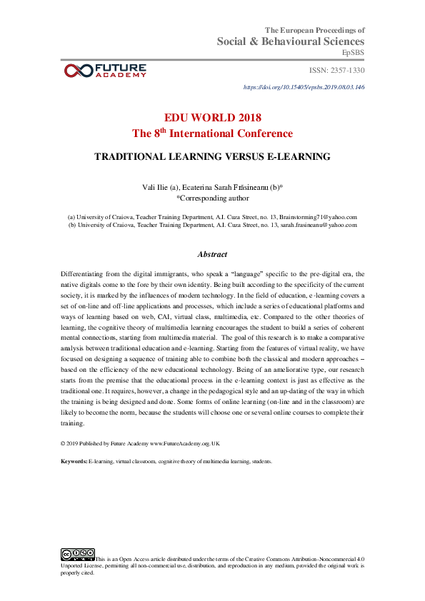 (PDF) Traditional Learning Versus E-Learning