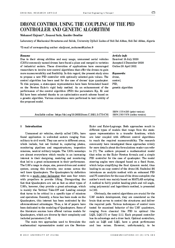 Pdf Drone Control Using The Coupling Of The Pid Controller And Genetic Algorithm 4938