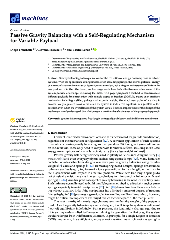 (PDF) Passive Gravity Balancing with a Self-Regulating Mechanism for Variable Payload