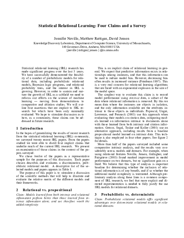 (PDF) Statistical Relational Learning: Four Claims and a Survey