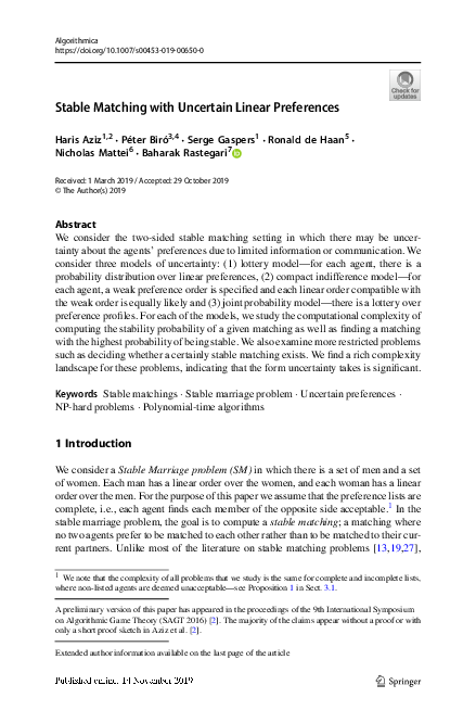 (PDF) Stable Matching with Uncertain Linear Preferences