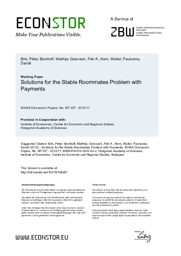 (PDF) Solutions for the stable roommates problem with payments | Péter ...