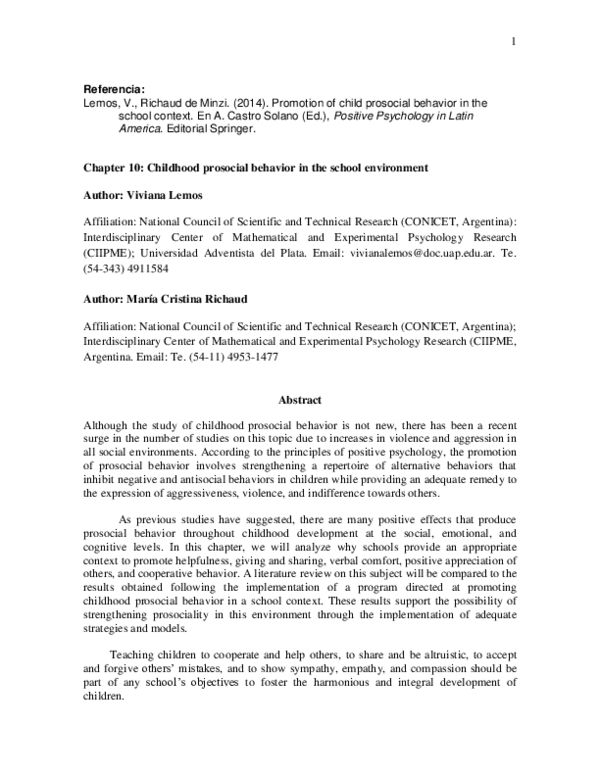 (PDF) Promotion of child prosocial behavior in the school context