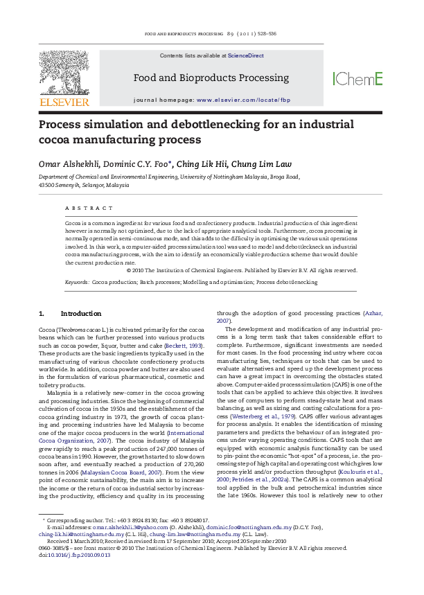 (PDF) Process Simulation And Debottlenecking For An Industrial Cocoa ...