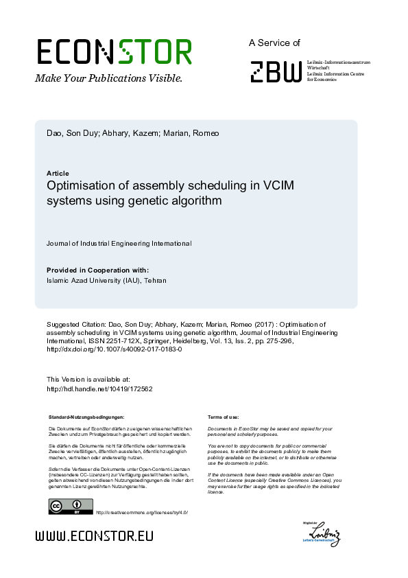 (PDF) Optimisation of assembly scheduling in VCIM systems using genetic algorithm
