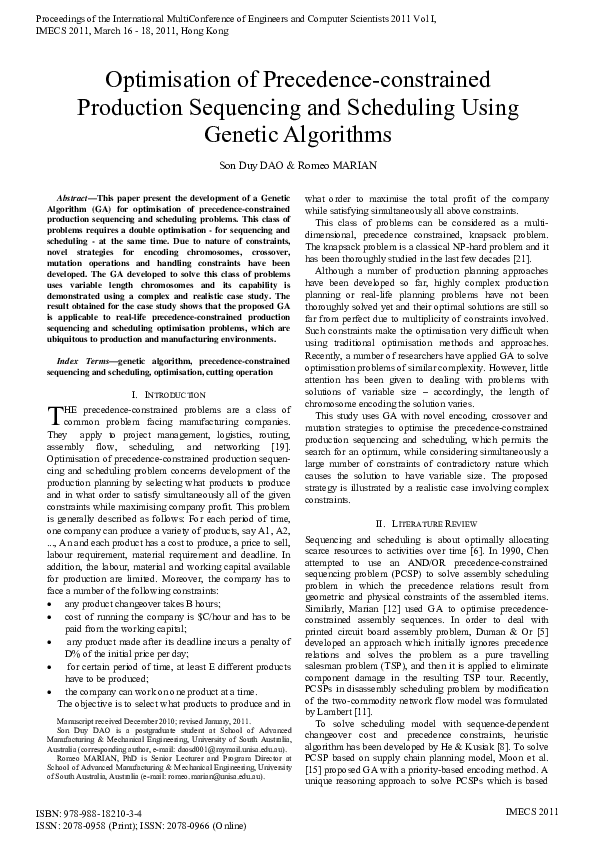 Pdf Optimisation Of Precedence Constrained Production Sequencing And Scheduling Using Genetic