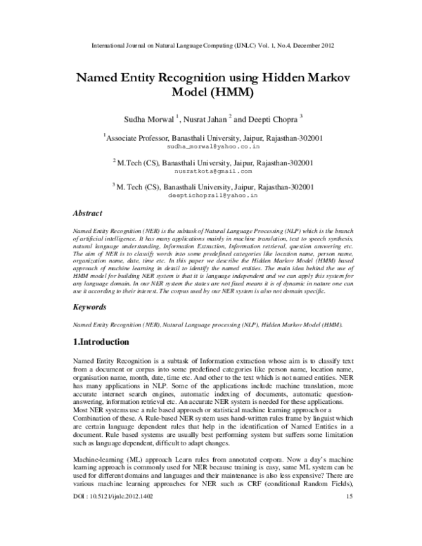 Pdf Named Entity Recognition Using Hidden Markov Model Hmm