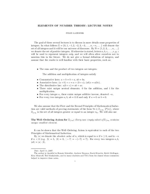 (PDF) Elements of Number Theory: Lecture Notes (PDF) Elements of Number Theory: Lecture Notes