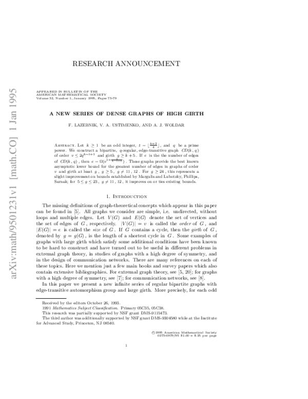 (PDF) A New Series of Dense Graphs of High Girth