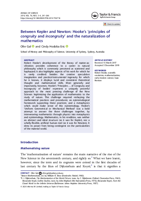(PDF) Between Kepler and Newton: Hooke's 'principles of congruity and ...