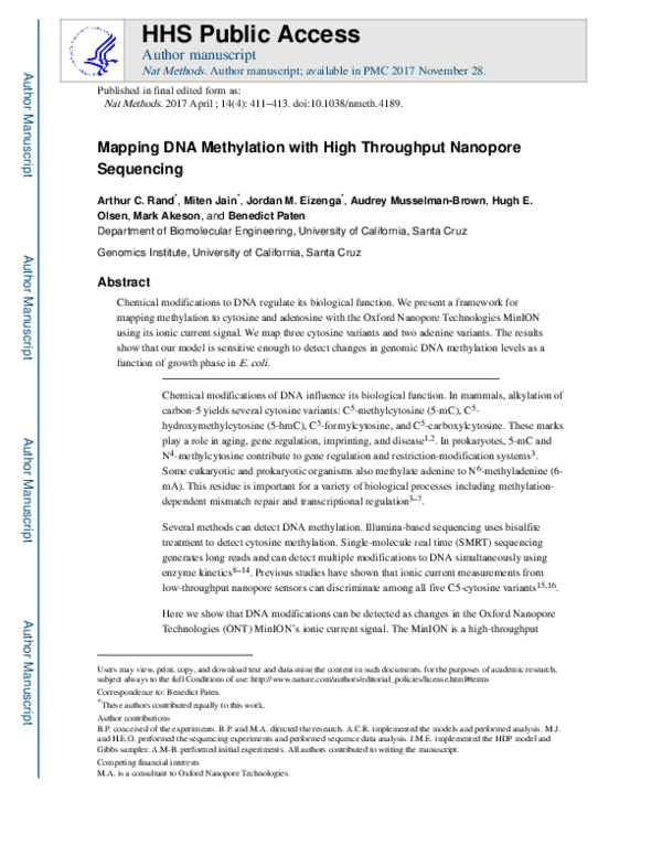Pdf Mapping Dna Methylation With High Throughput Nanopore Sequencing