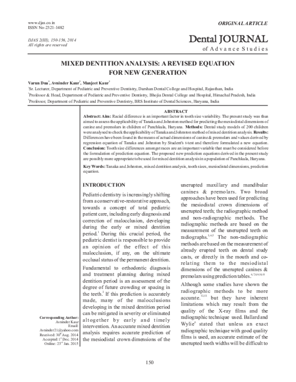 (PDF) Mixed Dentition Analysis: A Revised Equation for New Generation