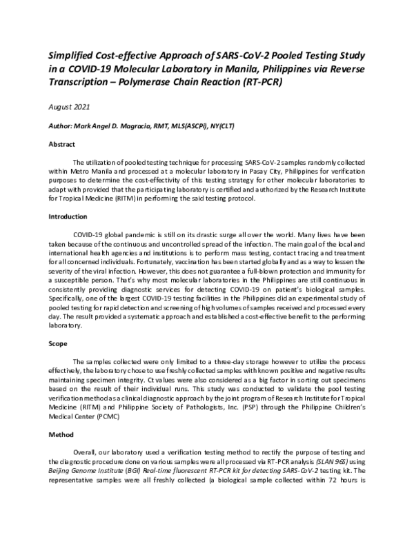 (PDF) Simplified Cost-effective Approach of SARS-CoV-2 Pooled Testing ...