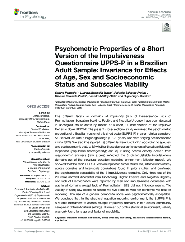 (PDF) Psychometric Properties of a Short Version of the Impulsiveness Questionnaire UPPS-P in a ...