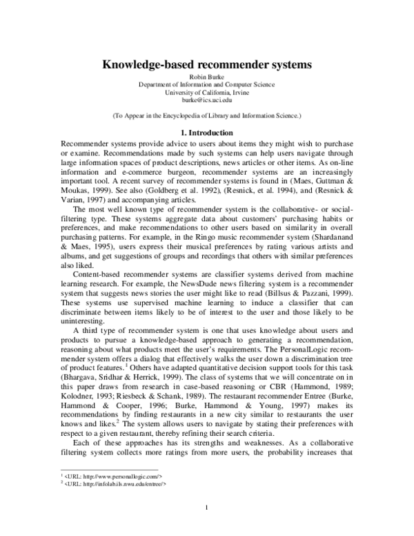 (PDF) Knowledge-Based Recommender Systems