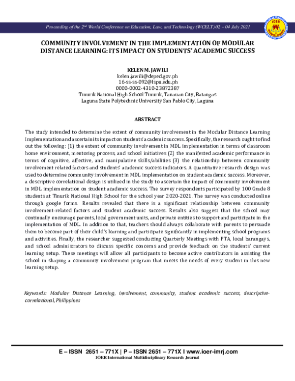 (PDF) COMMUNITY INVOLVEMENT IN THE IMPLEMENTATION OF MODULAR DISTANCE LEARNING: ITS IMPACT ON ...