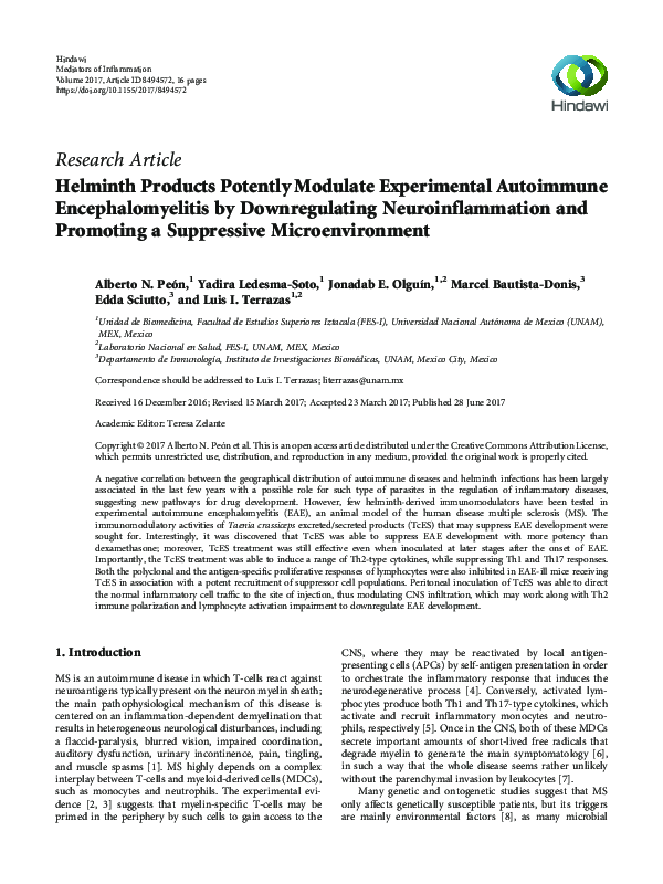 (PDF) Helminth Products Potently Modulate Experimental Autoimmune ...