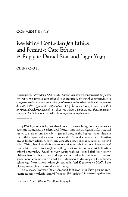 (PDF) Revisiting Confucian Jen Ethics and Feminist Care Ethics: A Reply ...