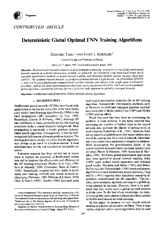 (PDF) Deterministic global optimal FNN training algorithms | Zaiyong Tang - Academia.edu