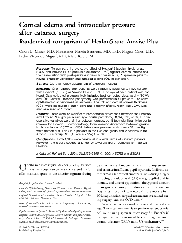 (PDF) Corneal edema and intraocular pressure after cataract surgery* 1 ...
