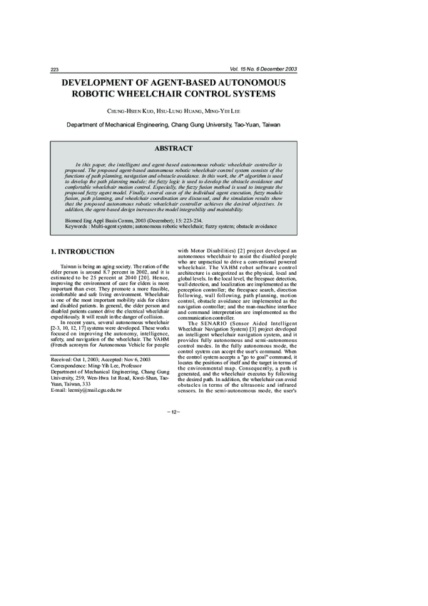 (PDF) Development of Agent-Based Autonomous Robotic Wheelchair Control Systems | Ming Yih Lee ...