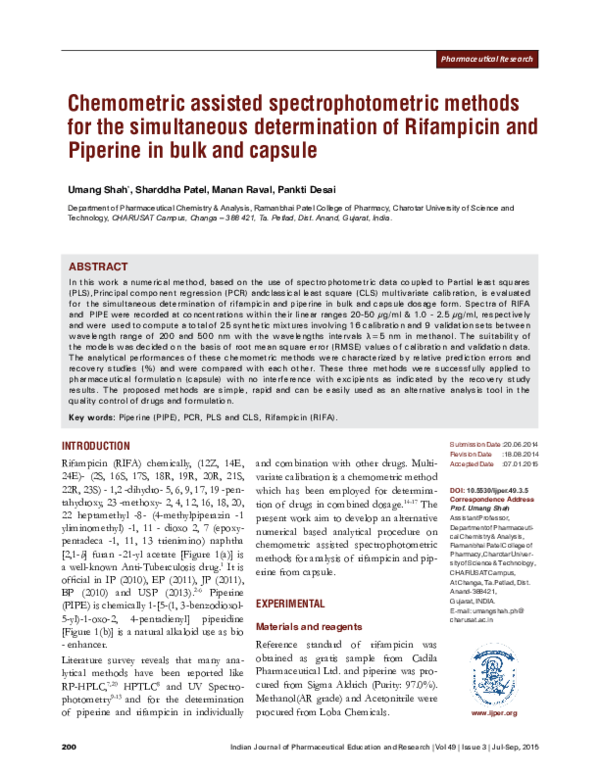(PDF) Chemometric assisted spectrophotometric methods for the simultaneous determination of ...