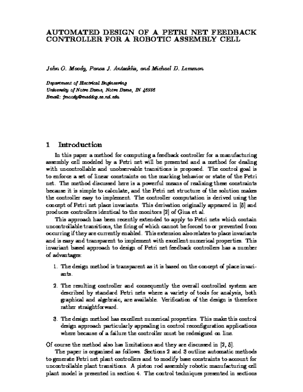 (PDF) Automated design of a Petri net feedback controller for a robotic assembly cell