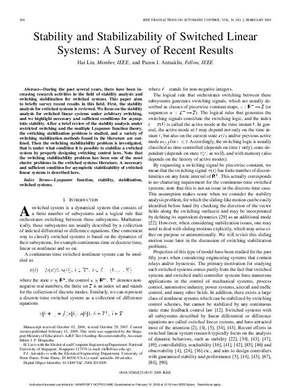 (PDF) Stability and Stabilizability of Switched Linear Systems: A Survey of Recent Results