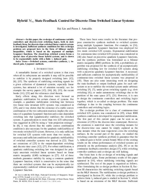 (PDF) Hybrid H∞ state feedback control for discrete-time switched linear systems | Panos ...
