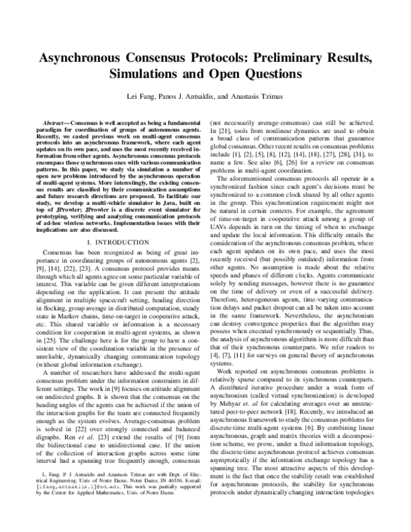 Pdf Asynchronous Consensus Protocols Preliminary Results Simulations And Open Questions