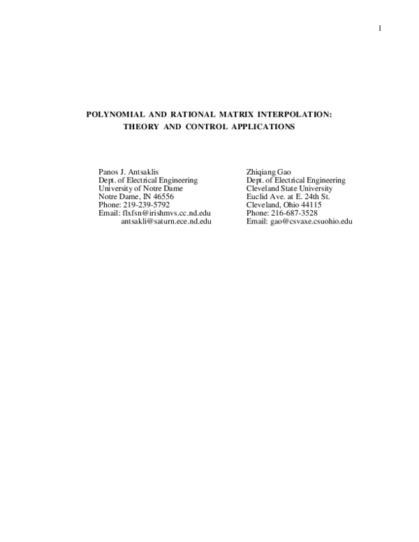 (PDF) Polynomial and rational matrix interpolation: theory and control applications