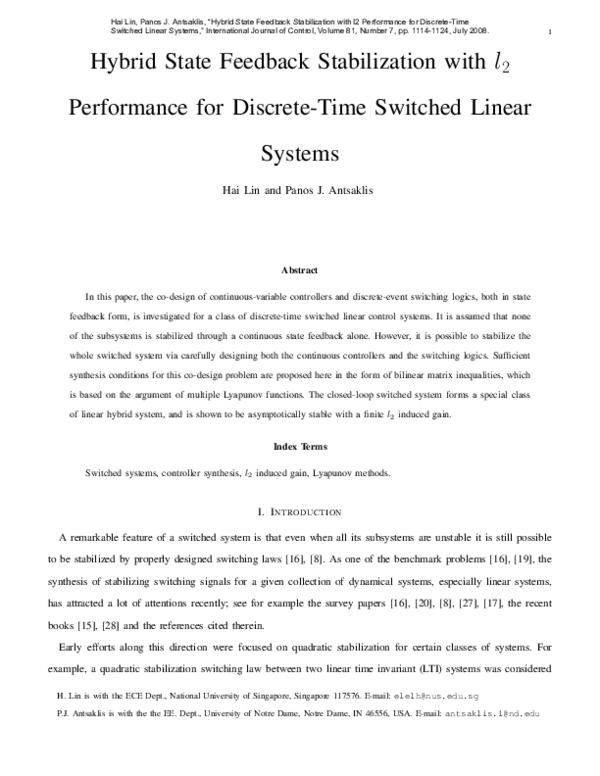 (PDF) Hybrid state feedback stabilization with l 2 performance for discrete-time switched linear ...