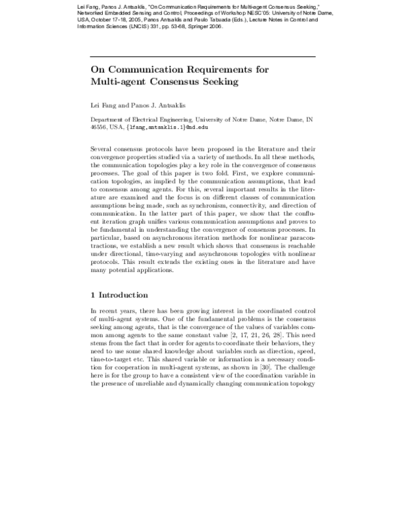 Pdf On Communication Requirements For Multi Agent Consensus Seeking