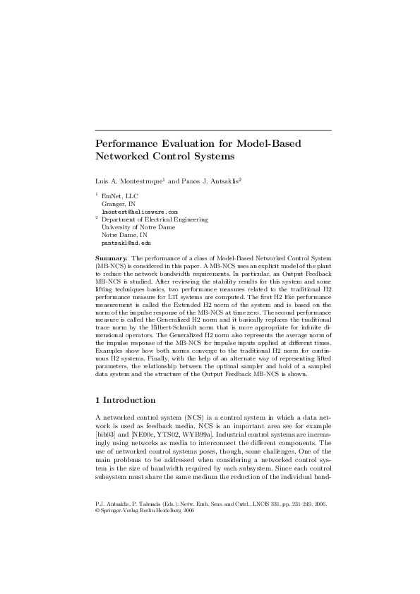 (PDF) Performance Evaluation for Model-Based Networked Control Systems | Panos Antsaklis ...