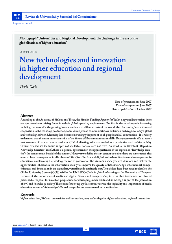 (PDF) New technologies and innovation in higher education and regional ...