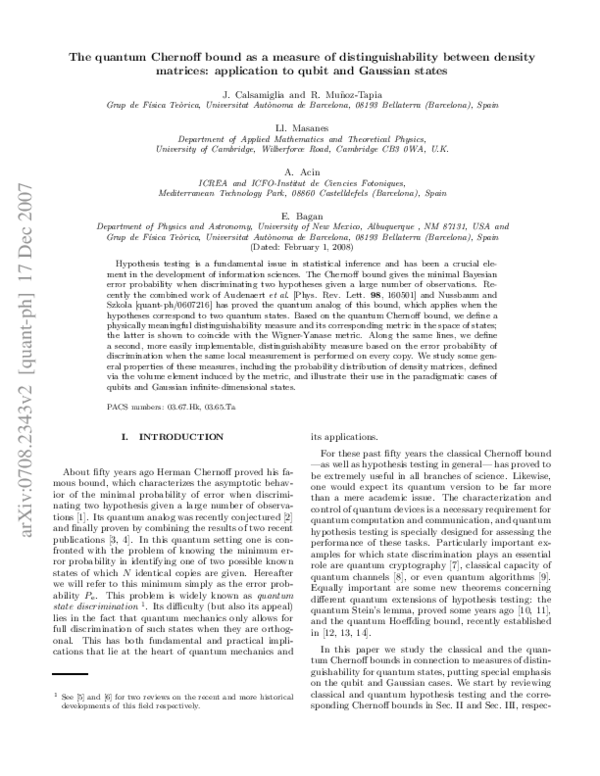 (PDF) Quantum Chernoff bound as a measure of distinguishability between density matrices ...